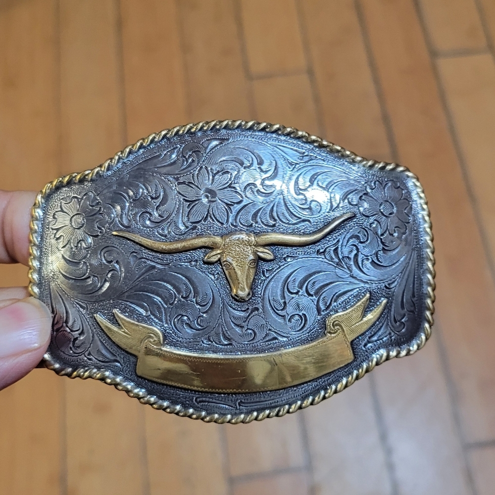 Western Rectangle Longhorn Ribbon Belt Buckle Silver - Gem
